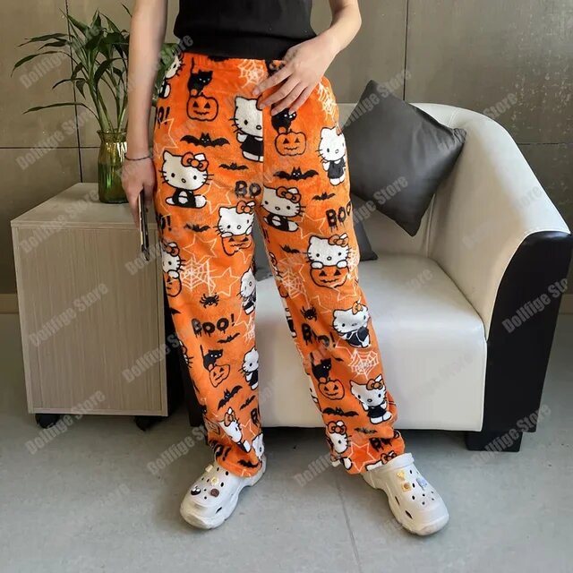 Рождественская пижама Sanrio Hello Kitty, фланелевые модные брюки на Хэллоуин, милые шерстяные повседневные домашние брюки с мультяшным рисунком для женщин, осенние брюкиРазмер: L 47-55 кг