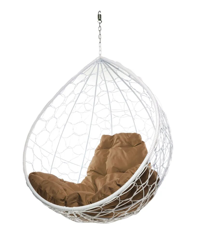 Подвесное кресло кокон Капля с ротангом белое с бежевой подушкой (без стойки)
