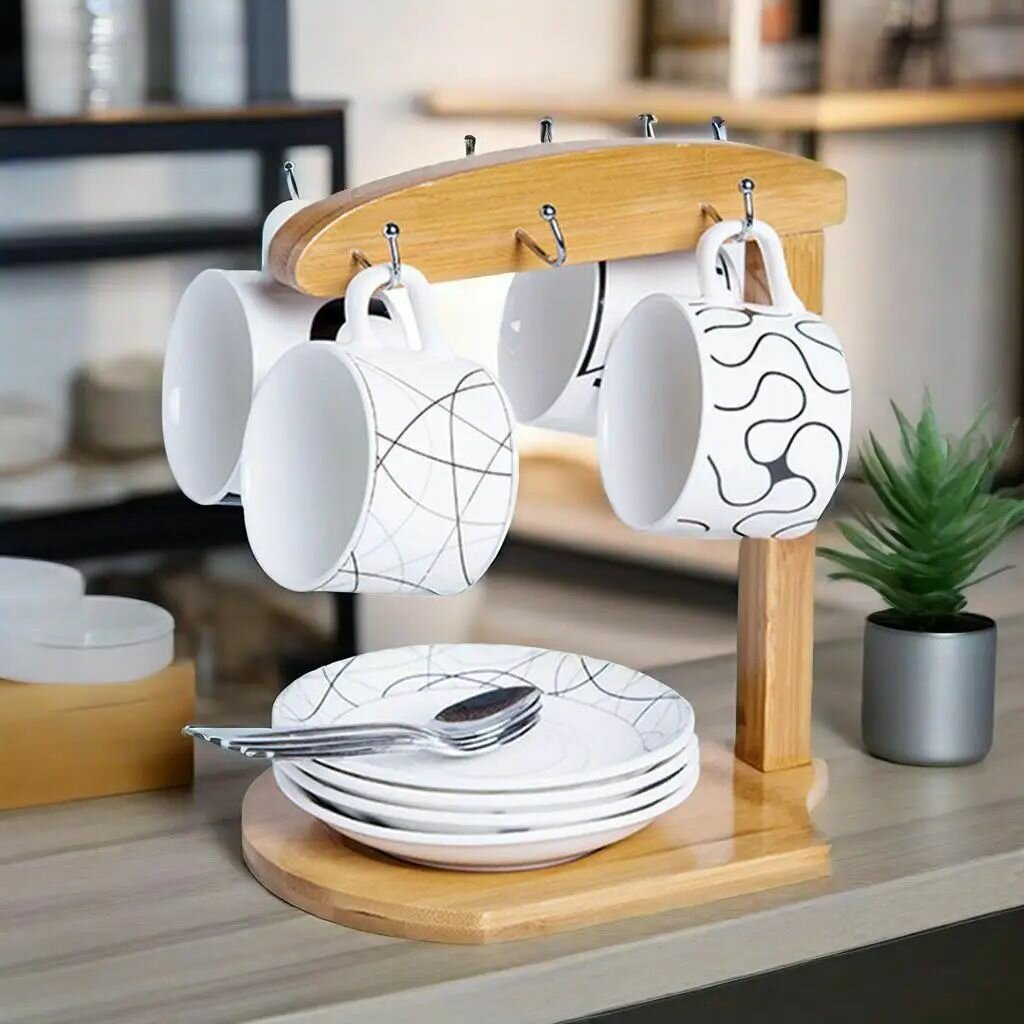 Стильный бамбуковый держатель для 6 кружек с демонстрационными блюдцами