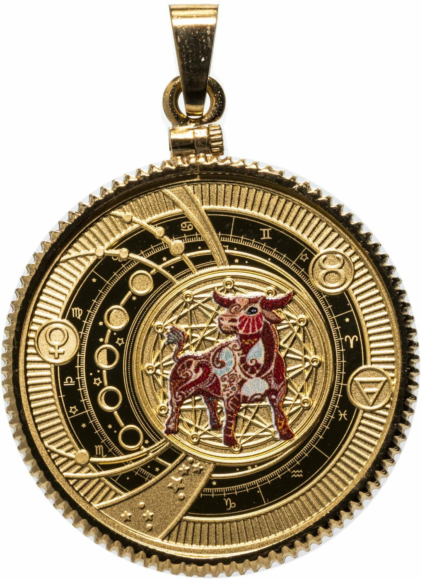 Камерун 500 франков 2018 "Знак зодиака Кулон Телец" в футляре, с сертификатом, Серебро 999, в сохранности Proof