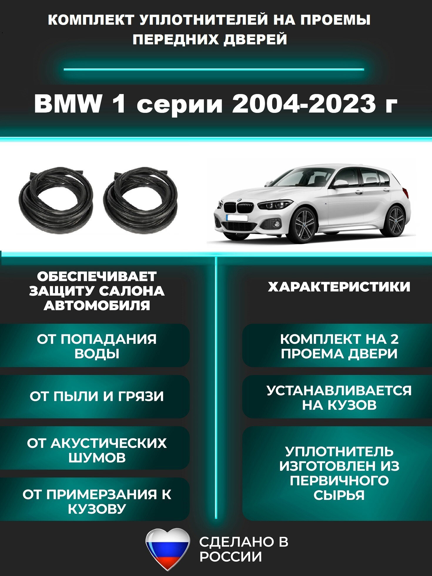 Комплект уплотнителей проема передних дверей, подходит на BMW 1 серии 2004-2023 г, кузов E81, E82, E87, E88, F20/F21 / БМВ 1 - 2 шт
