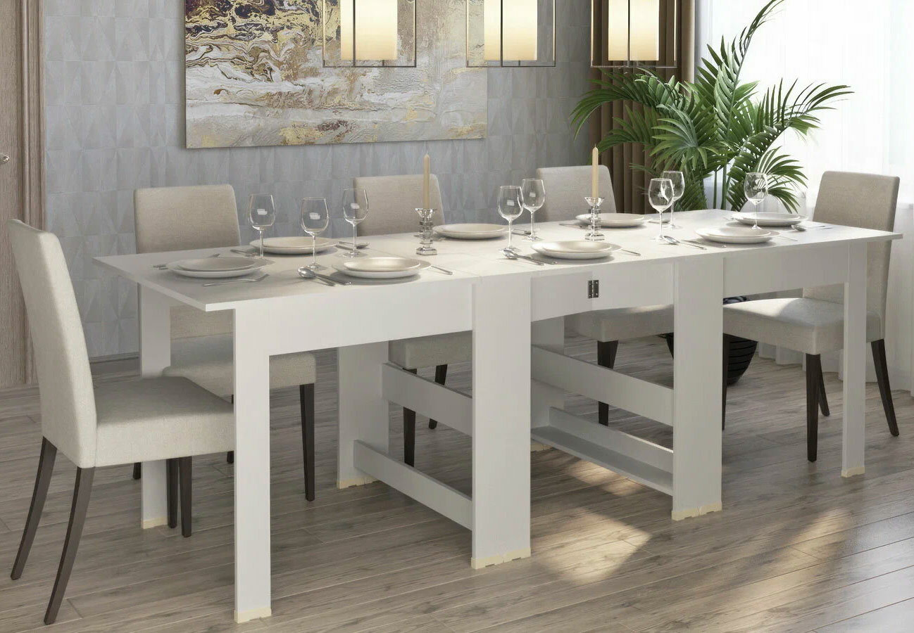 Стол-книжка 240 см с деревянными ножками и прямыми углами (цвет: белый)