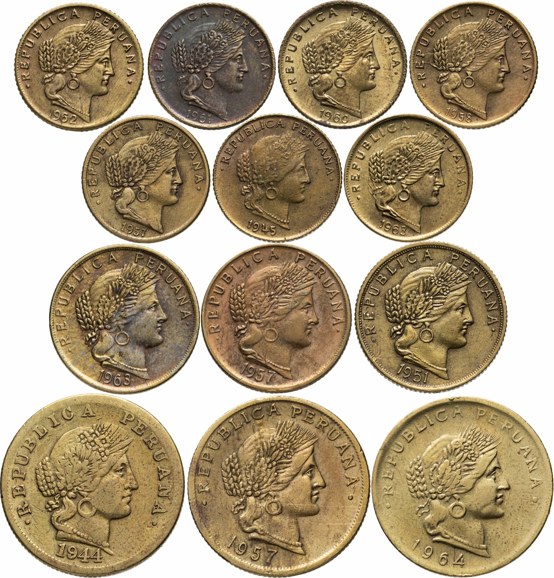 Перу набор монет 5, 10, 20 сентаво 1944-1964 13 штук, Латунь, в сохранности VF-AU