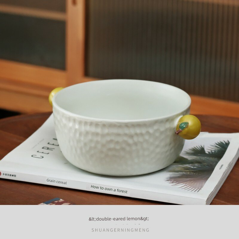 Ручная роспись керамическая миска с двойными ручками, дизайн с лимоном, японский стиль посуда для супа или салата -