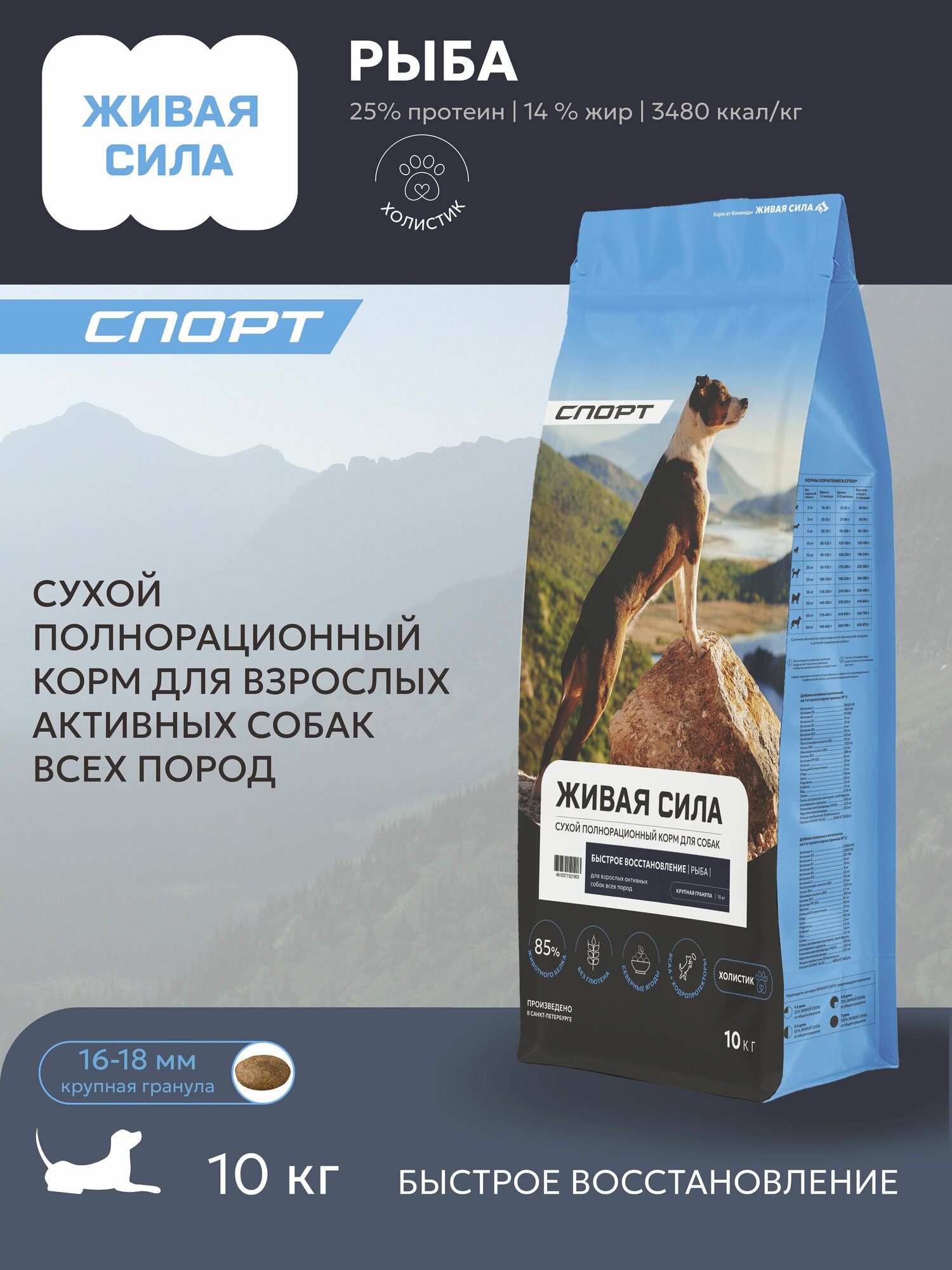 Живая Сила Спорт сухой полнорационный корм с рыбой для взрослых активных собак крупных и средних пород, крупная гранула, 10кг