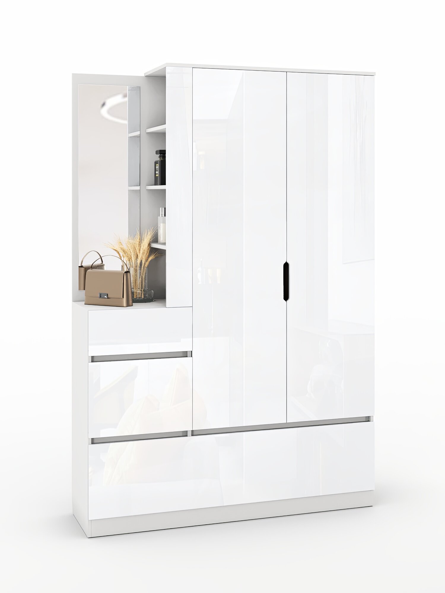 Есэндвич Депо Прихожая 140х230х40 см левая (Белый/Белый глянец) с зеркалом, со штангой и ящиками