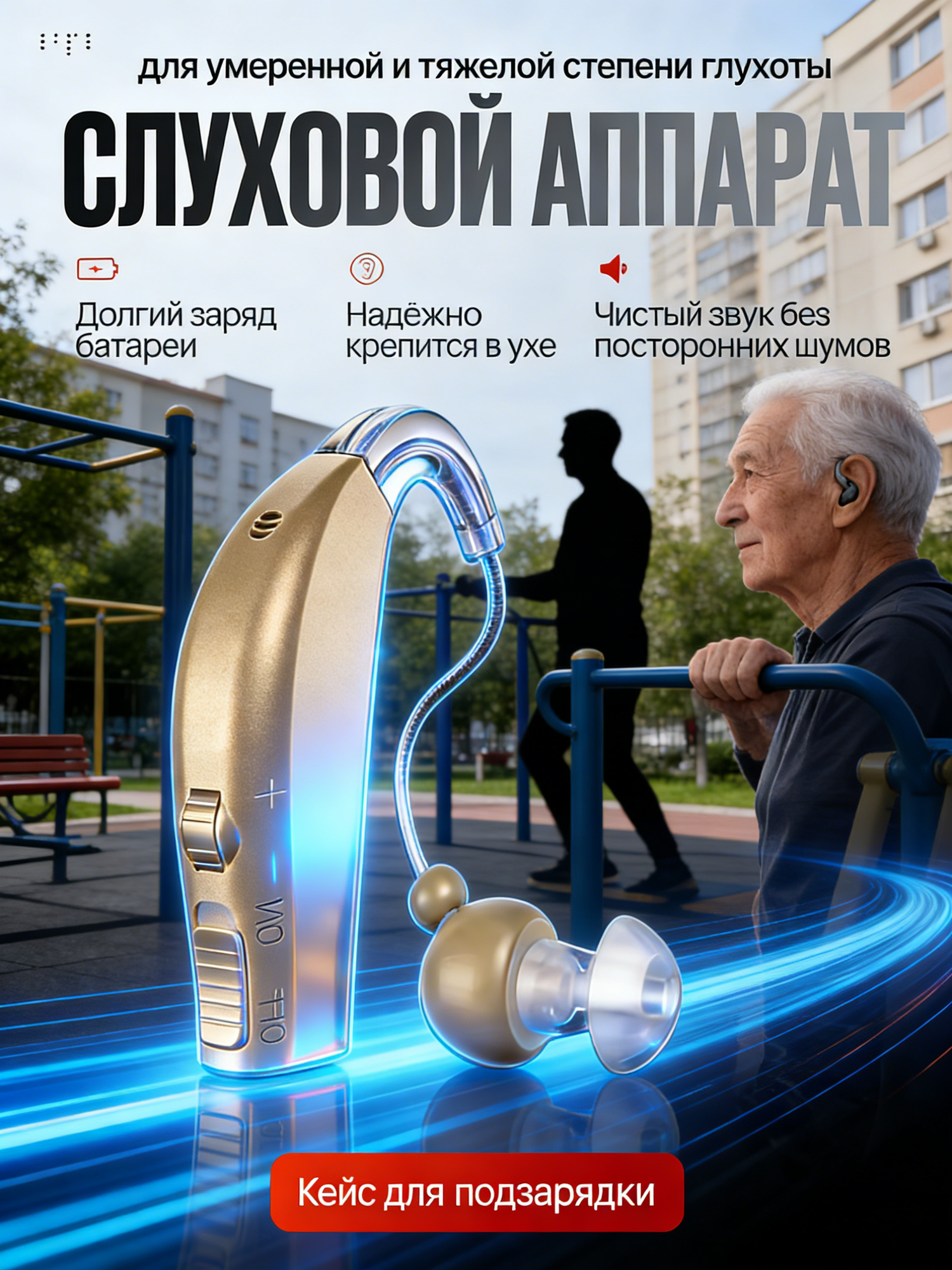 Накладной слуховой прибор с зарядным устройством для пожилых и взрослых