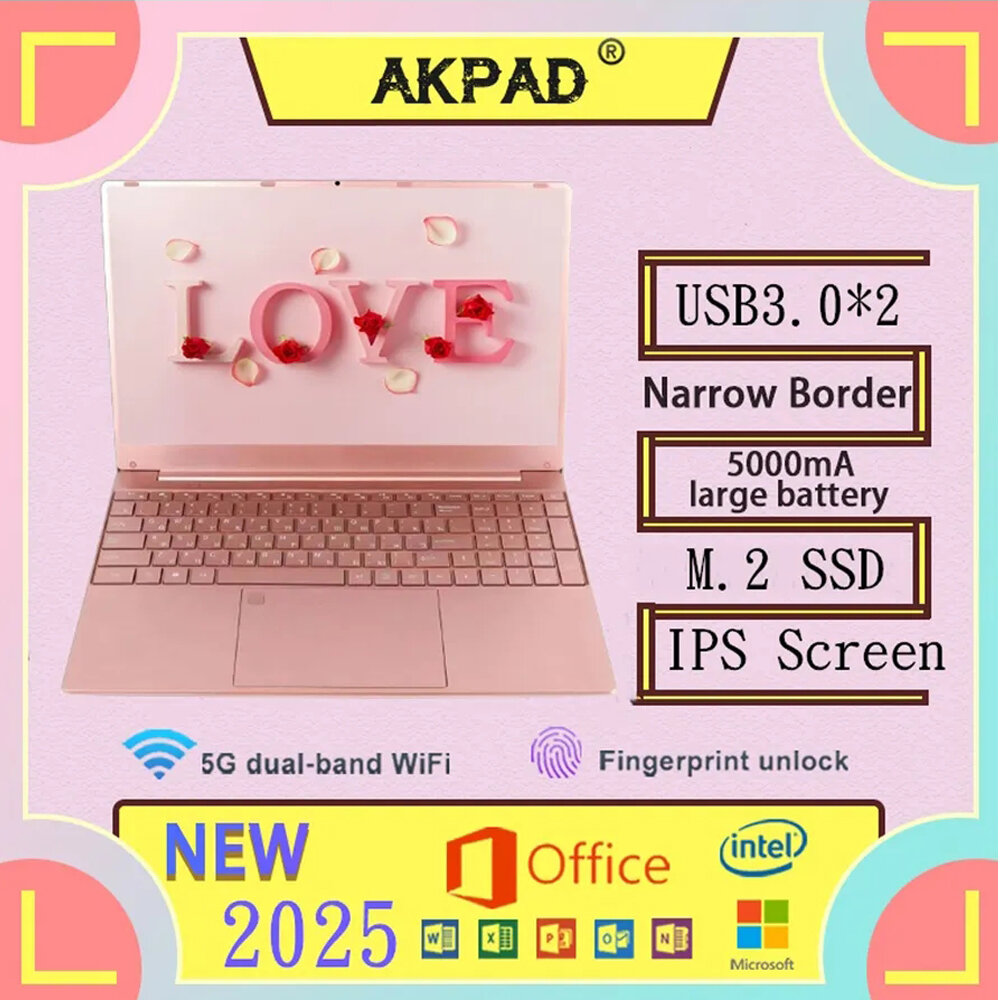 Ноутбук QMDZ N5095, 8ГБ RAM, 512 ГБ SSD, Windows 11 Pro, IPS, 15.6", розовый русская клавиатура