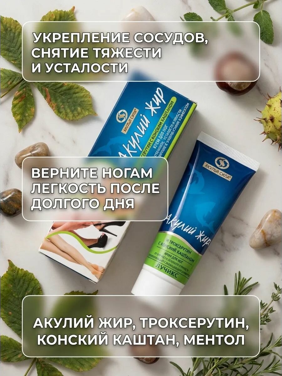 Крем для ног Троксерутин с конским каштаном и акульим жиром от усталости тяжести отеков и варикоза, 75 мл