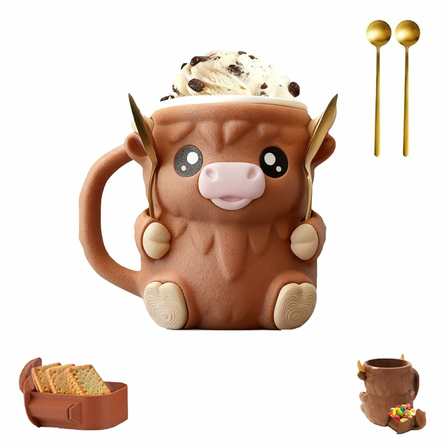 Кружка корова 3D печать (с отверстием для ложки, держатель для стакана с мороженым, антиледяная ручка и ложка, коричневый одиночный пакет)