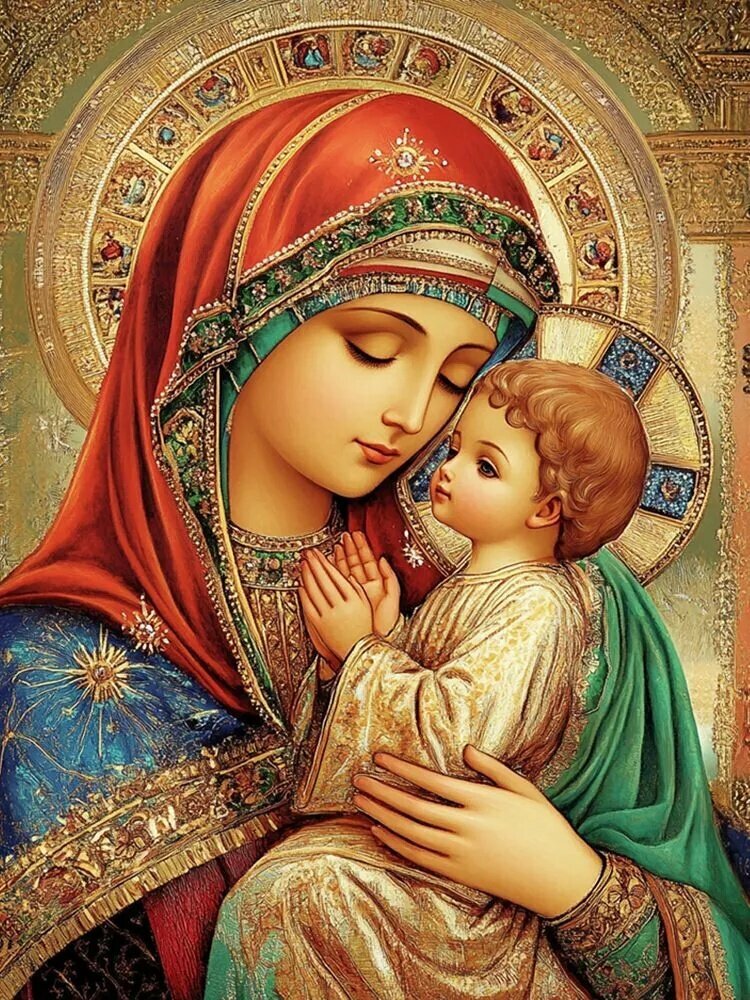 Алмазная картина "Богородица с Младенцем", 30x40 см. Православная икона, золотые узоры.