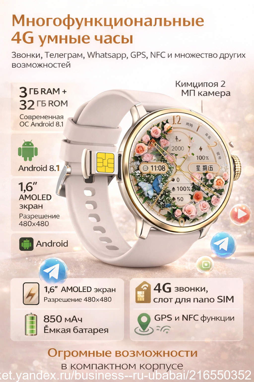 Умные часы 4G на Android 10.1 с SIM-картой, AMOLED экраном, GPS, NFC, камерой 2 МП, 8 ГБ ОЗУ и 128 ГБ памяти