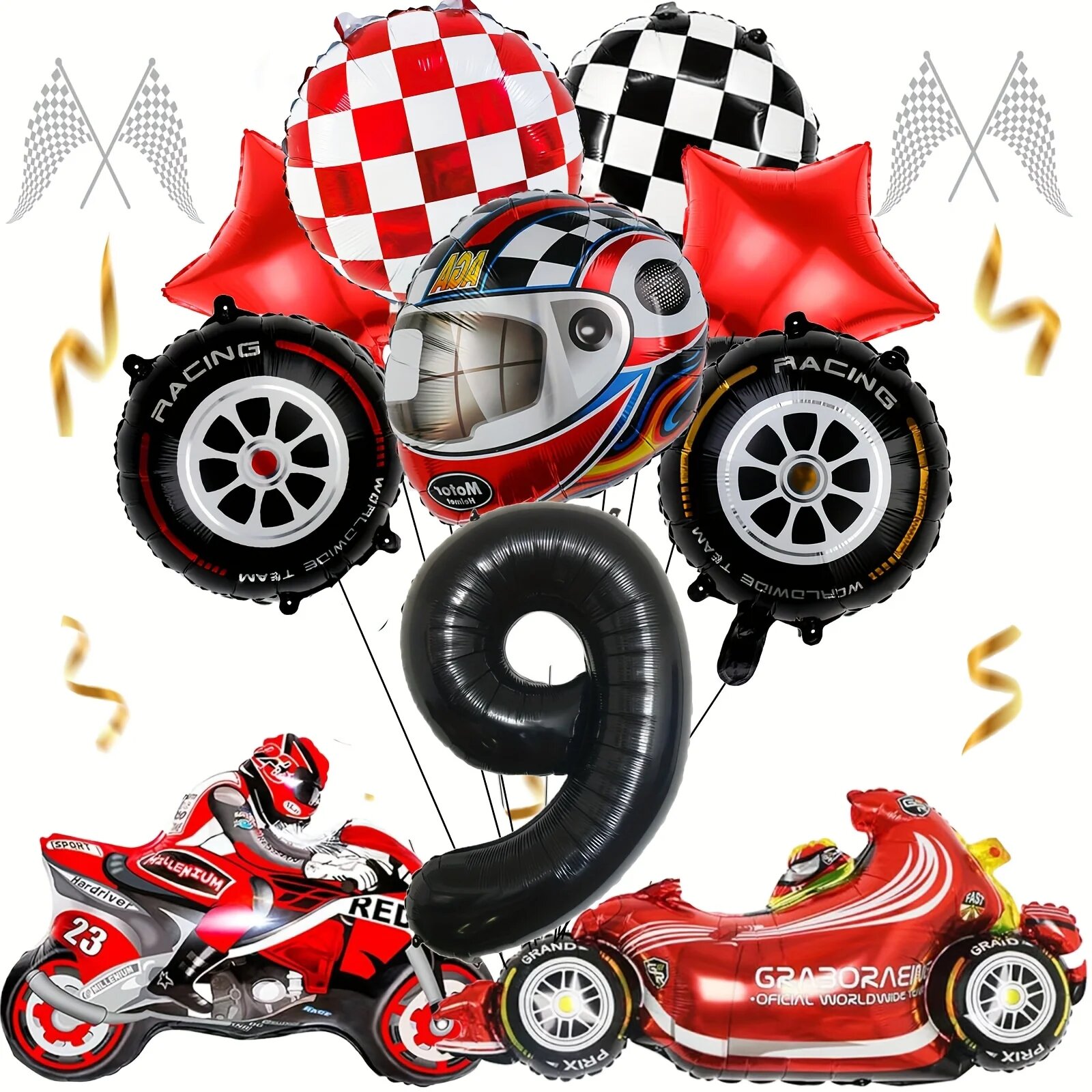 Набор шаров "90 лет" Racing, мотоцикл, шлем, флаги, черный, HG9158-9