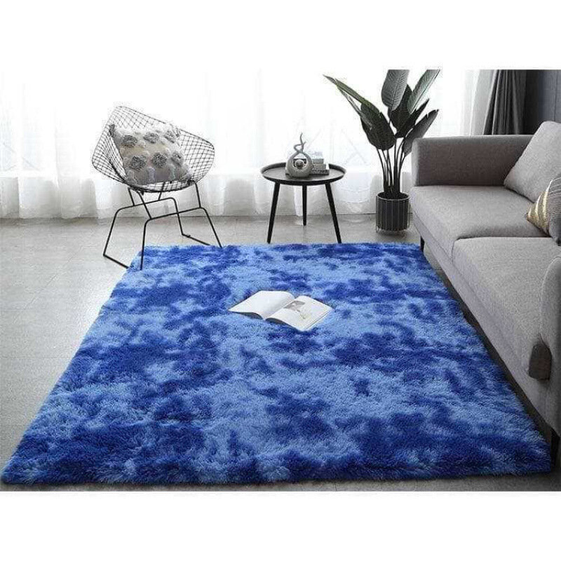 Ковровое покрытие с длинным ворсом, противоскользящее, пятноотталкивающее, Утолщенный - Темно-синий, окрашенный в технике тай-дай + 120 см * 200 см