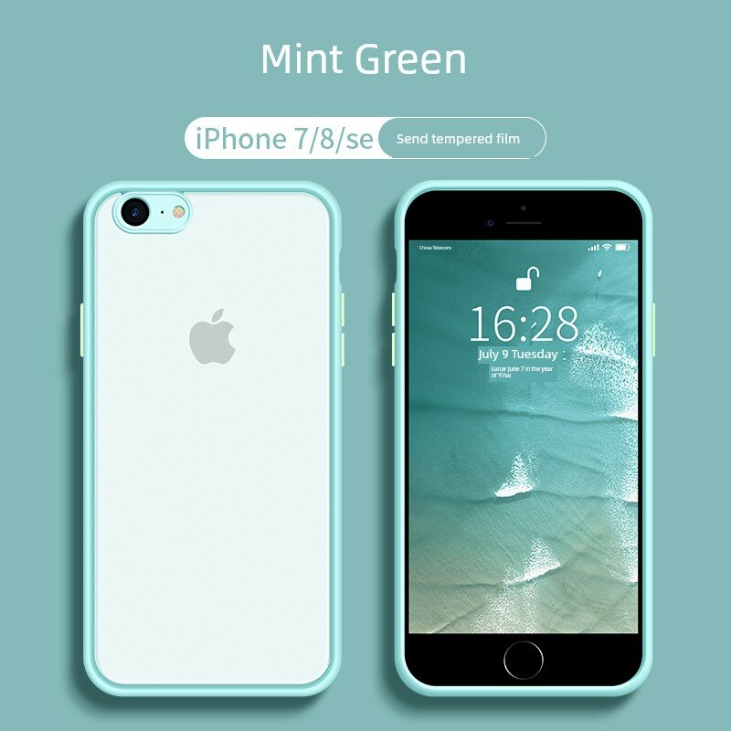 Ультра-тонкий силиконовый чехол для iPhone 7/8/SE - мятный зеленый с закаленным стеклом, мягкий TPU, нескользящий чехол