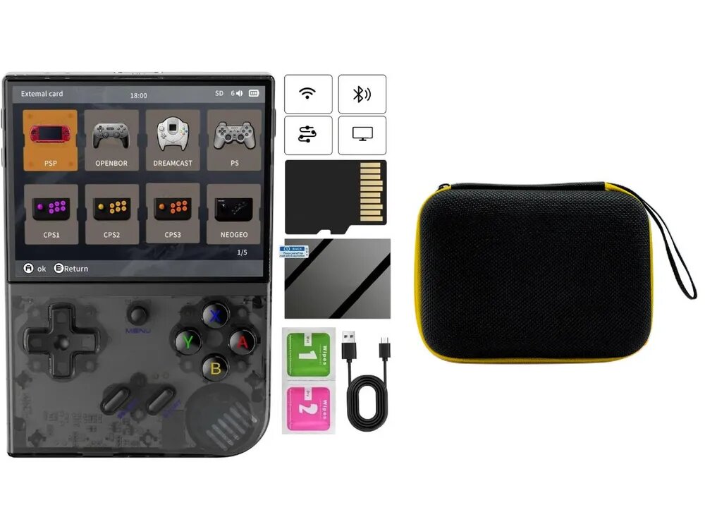 Портативная игровая консол Anbernic RG35XX+,3,5" OCA 640*480 Linux-система, Поддерживает телевизионный выход HDMI(64GB TF card) с переносным футляром Фиолетовый