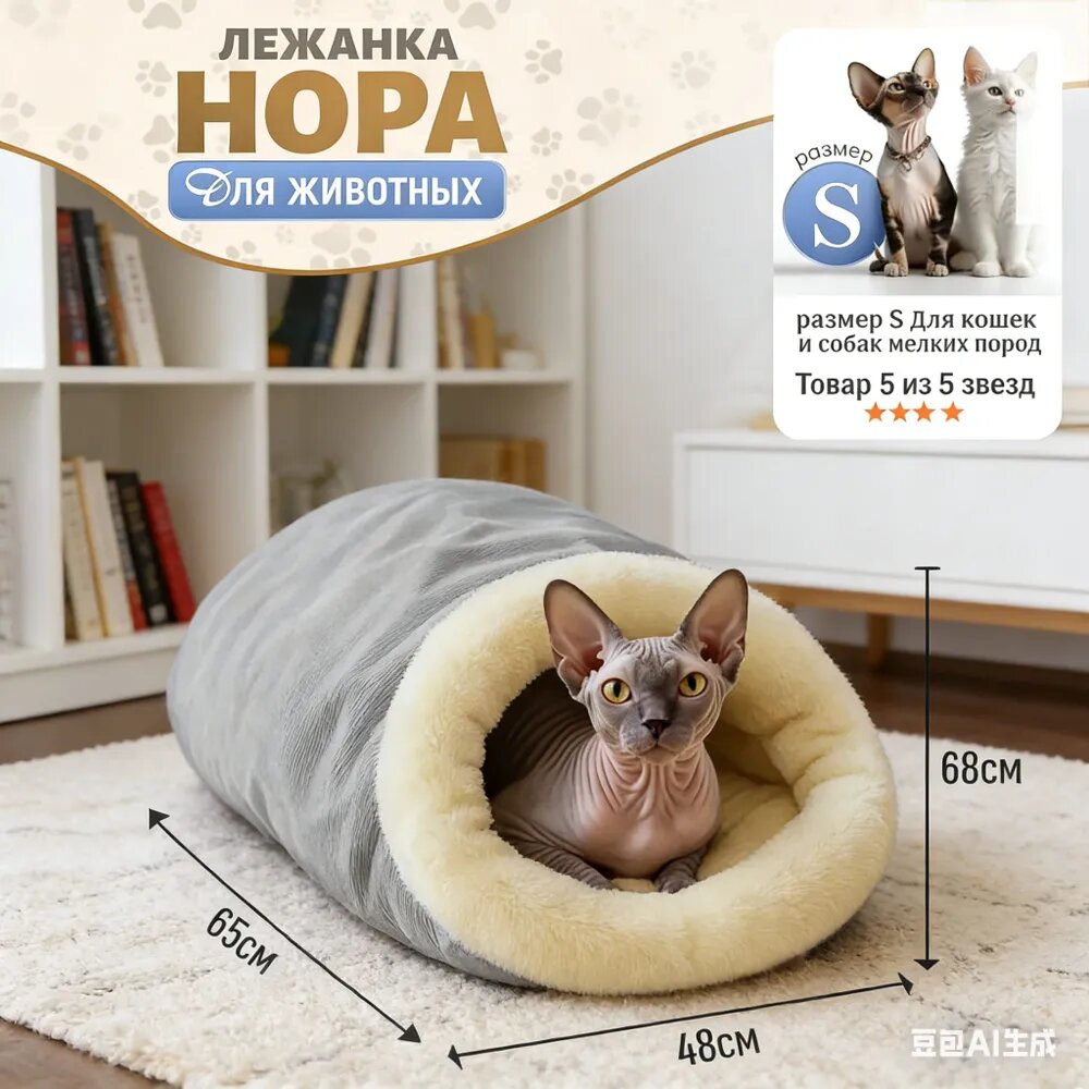 Закрытая теплая мягкая лежанка для кошек и собак мелких пород, Лежак для животных, нора домик для животных 65х48см