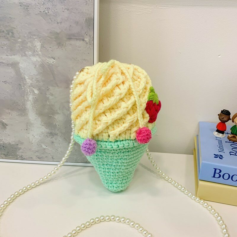 Сумка через плечо с вязаным мороженым в виде клубники для детей, зеленая, большая