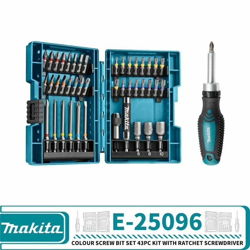 Makita E-25096 Цветной набор бит для винтов 43PC KIT с трещоточной отверткой