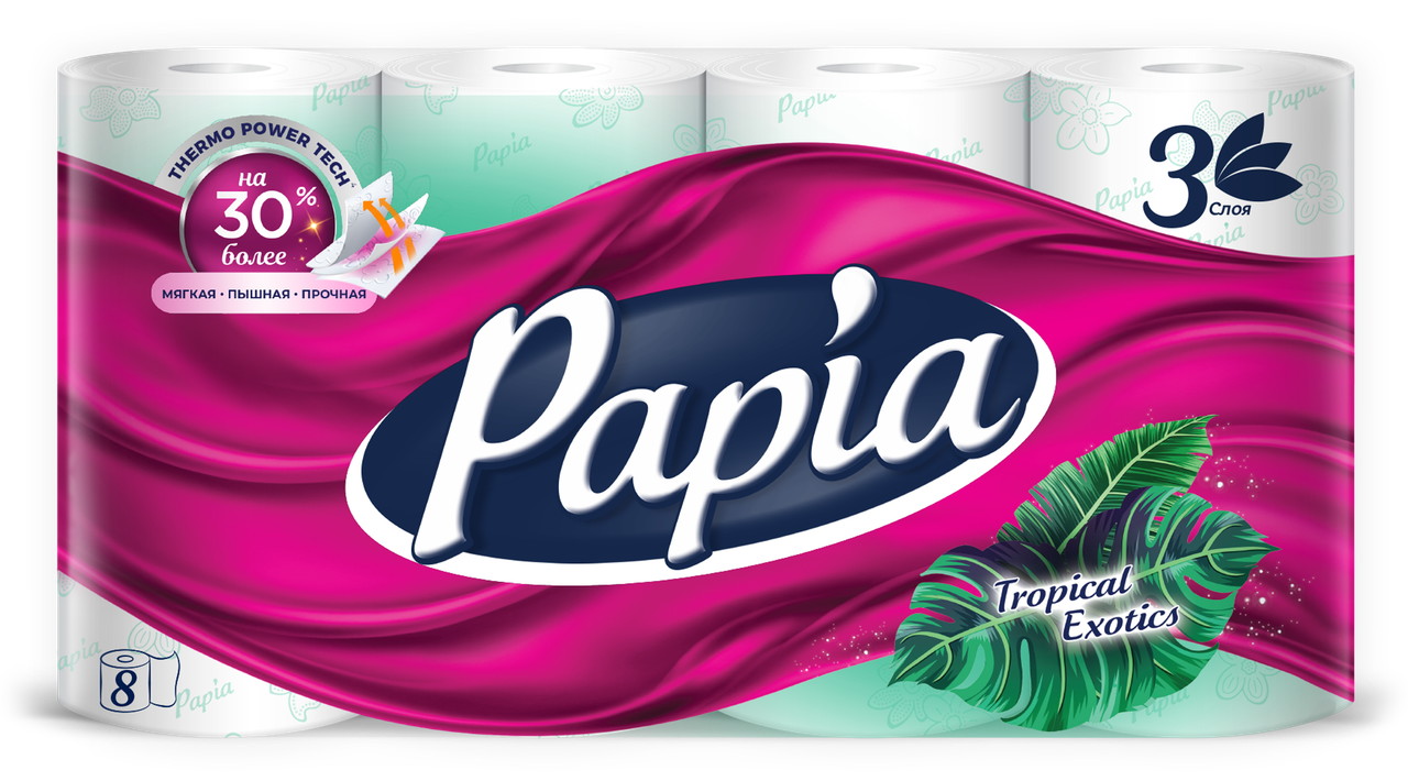 Туалетная бумага Papia Tropical Exotics, белая, 3 слоя, 8 рулонов