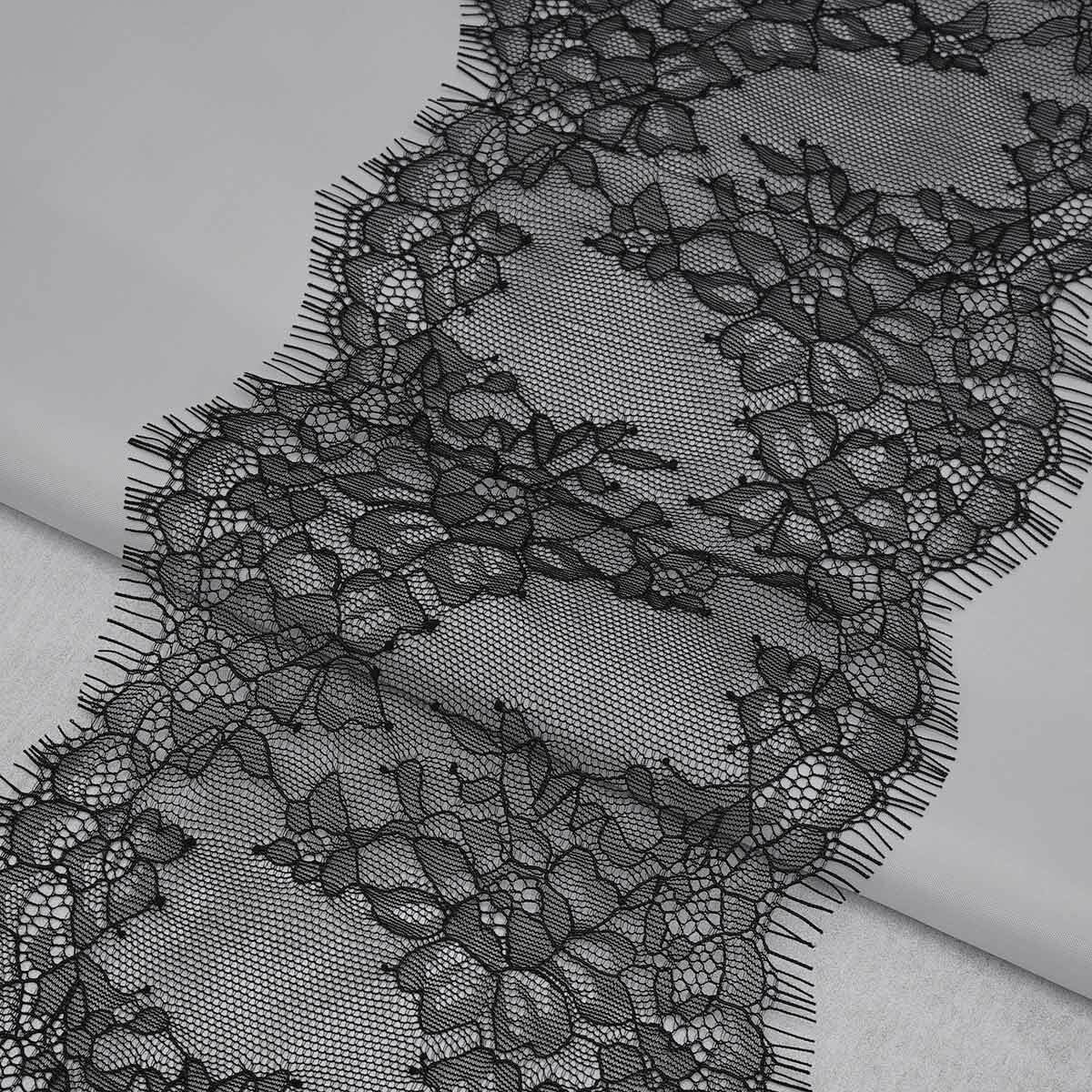 Кружево шантильи реснички на сетке для рукоделия и шитья, 16,5 см х 3 м, цвет черный