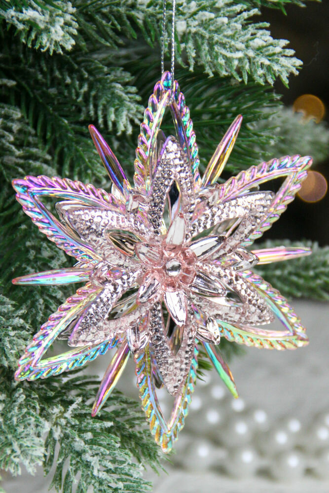 Снежинка брошка, акрил, прозрачно-розовая радужная, 12 см, Forest Market 200177