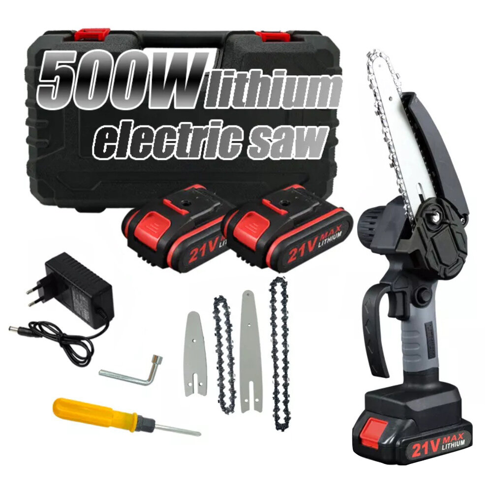 Мини бензопила 4 дюйма 6 дюймов портативная с защитным замком 2 цепи 21В аккумуляторная электрическая бескарбовая для обрезки ветвей дерева резки древесины черный красный синий