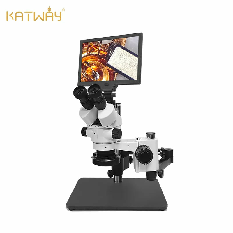 Тринокулярный стереомикроскоп Katway HH-MH02B, Шарнирная подставка с опорной пластиной, увеличение 7X-45X, с цифровым ЖК-дисплеем