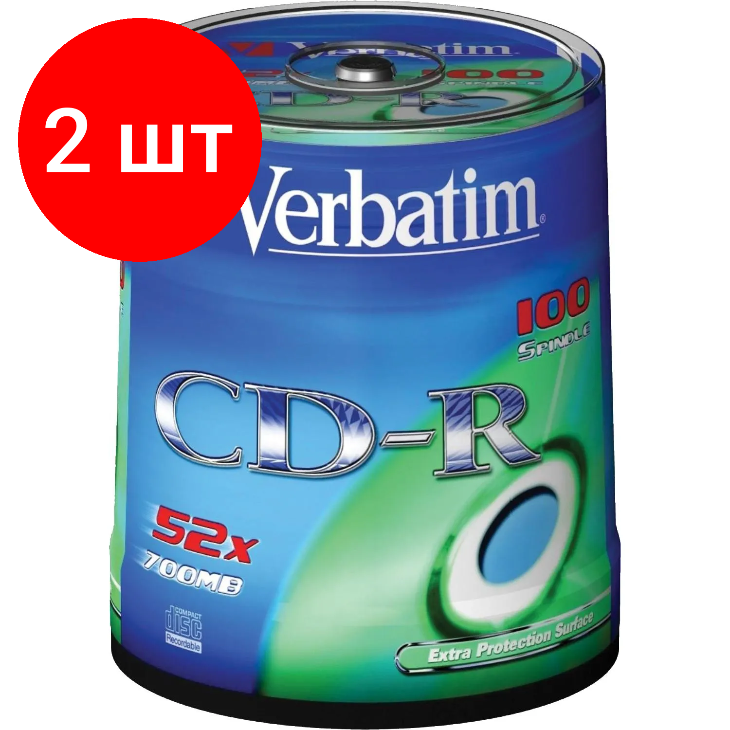 Комплект 2 упаковок, Носители информации CD-R, 52x, Verbatim Extra Protection, Cake/100, 43411