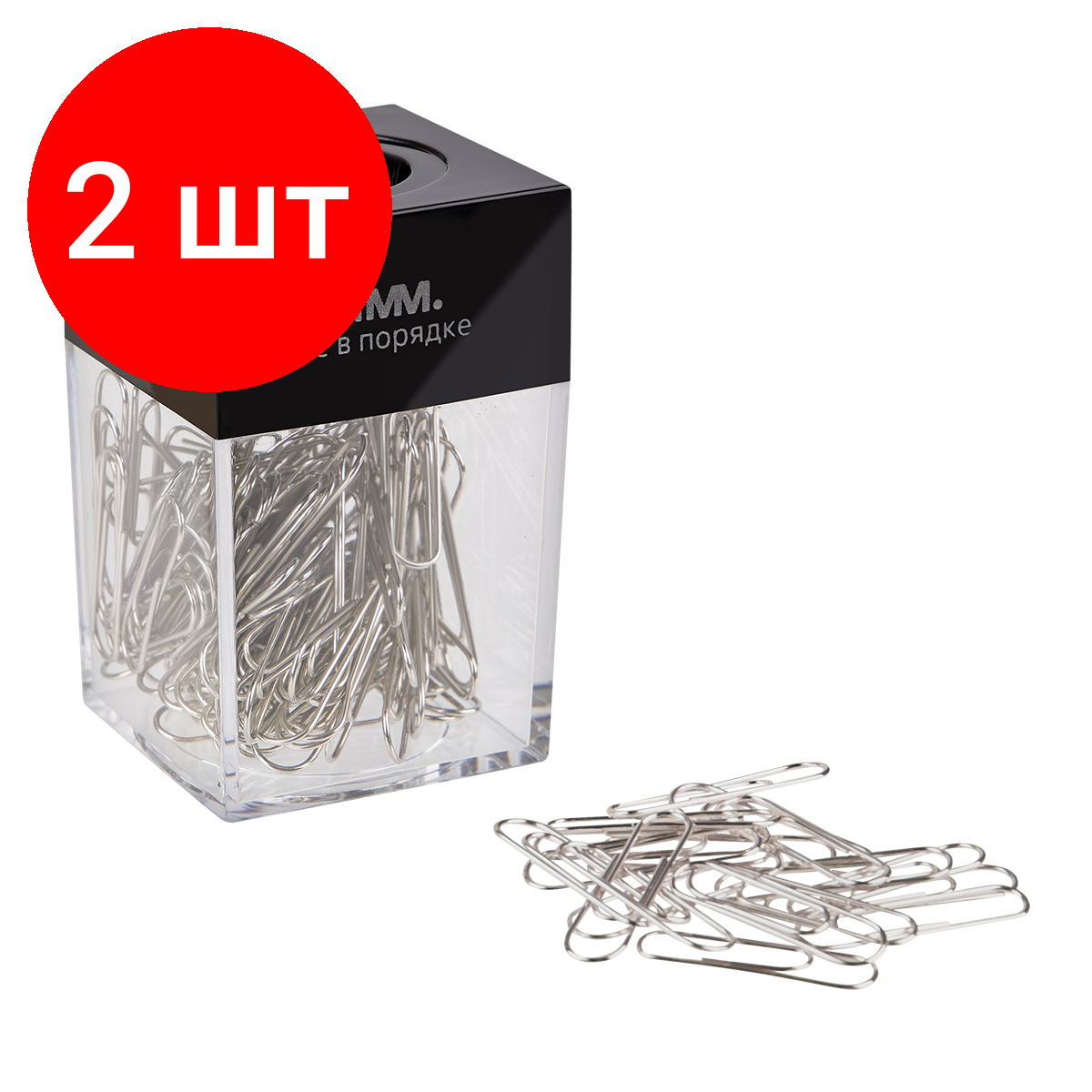 Комплект 2 шт, Скрепочница магнитная СТАММ, 100 никелированных скрепок, прозрачный корпус, картонная коробка