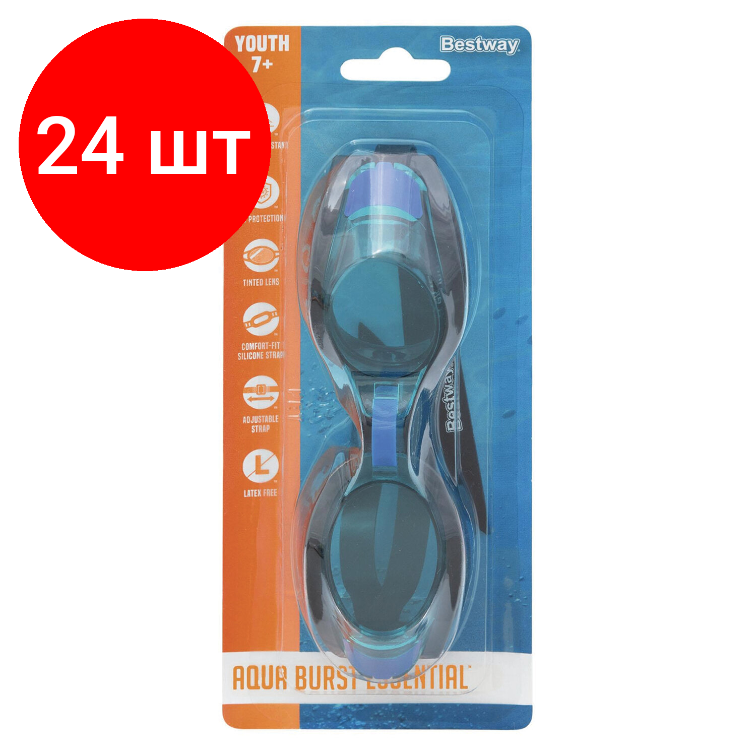 Комплект 24 шт, Очки для плавания "Focus" от 7 лет, ассорти, BESTWAY, 21005