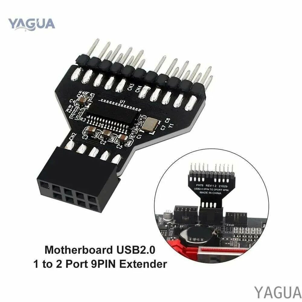 Разветвитель-хаб USB 2.0 (10 pin/9 pin) female с материнской платы на 2 x USB 2.0 (10 pin/9 pin) male, компактный YAGUA