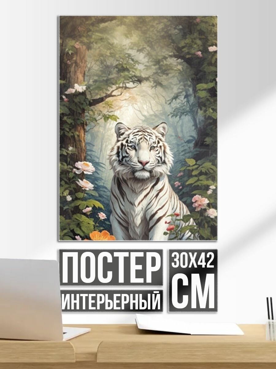 Постер на стену Белый тигр в лесу