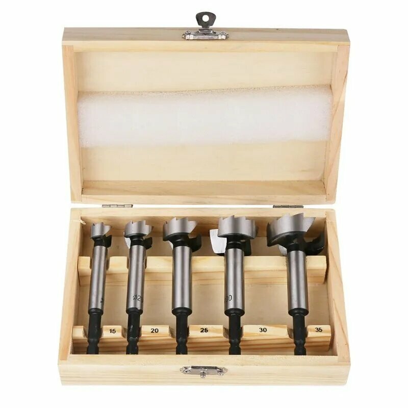 Сверло Форстнера по дереву , набор из 5 штук 15-20-25-30-35 мм, 6.35mm цилиндрические хвостовики, центрирующие шипы, деревянный кейс