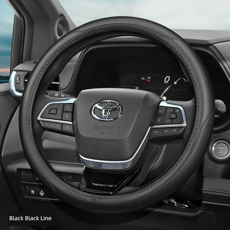 Кожаный чехол на рулевое колесо для Toyota Sienna 2021-2024, черный с черными акцентными линиями, премиум-деталь салона