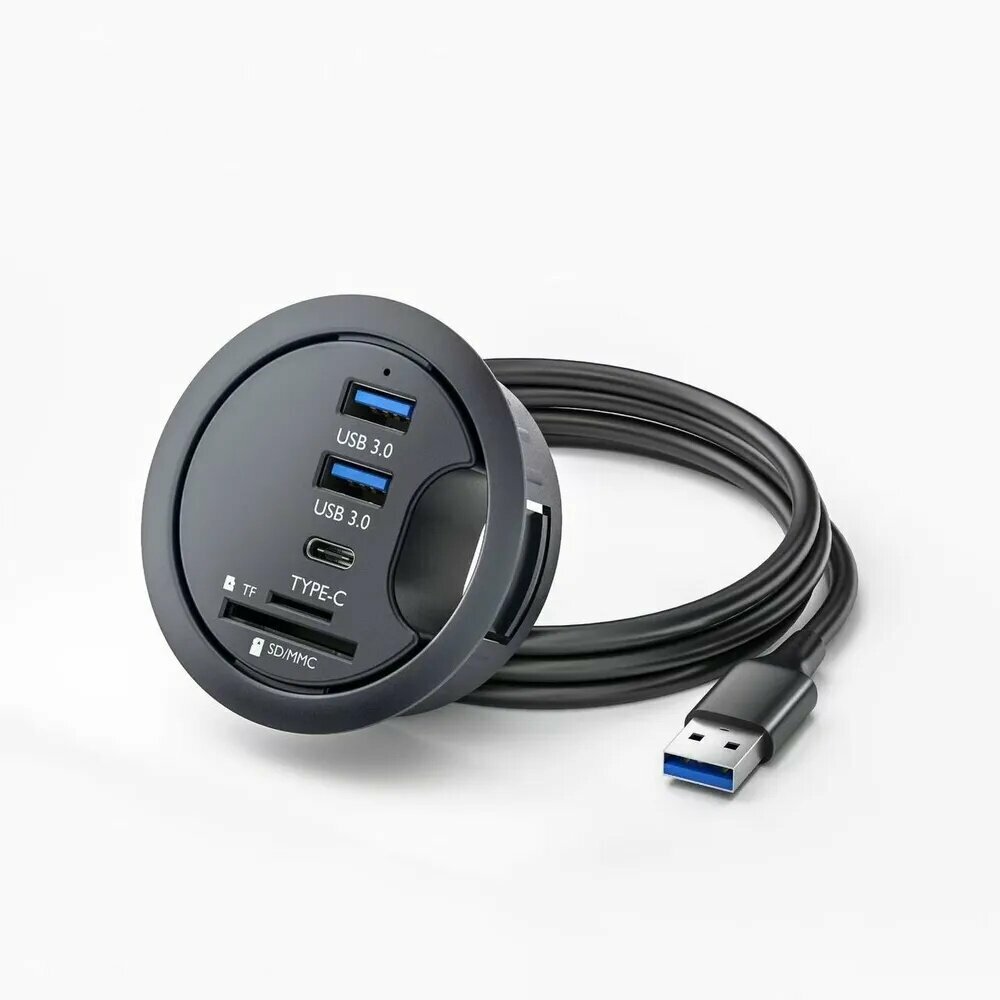 Хаб USB 3.0 на 3 USB 3.0 и кардридер в столешницу / заглушка для стола / настольный USB-концентратор DESK USB 3.0 x2, TYPE-Cx1, кардридер SD и microSD