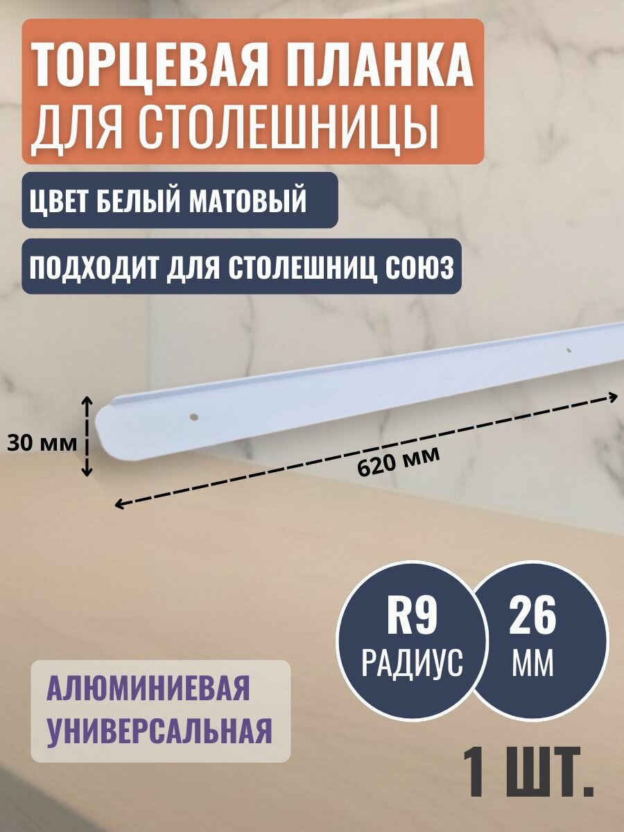 Планка торцевая для столешницы 26 мм R9 универсальная 620 мм цвет Белый матовый 1 шт.