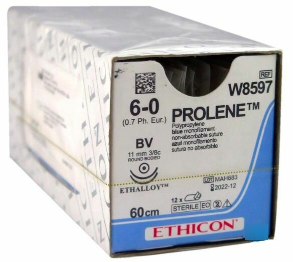 Шовный материал W8597 ETHICON PROLENE пролен 6/0, 60 см, кол. 11 мм х 2, 3/8 (12шт.)