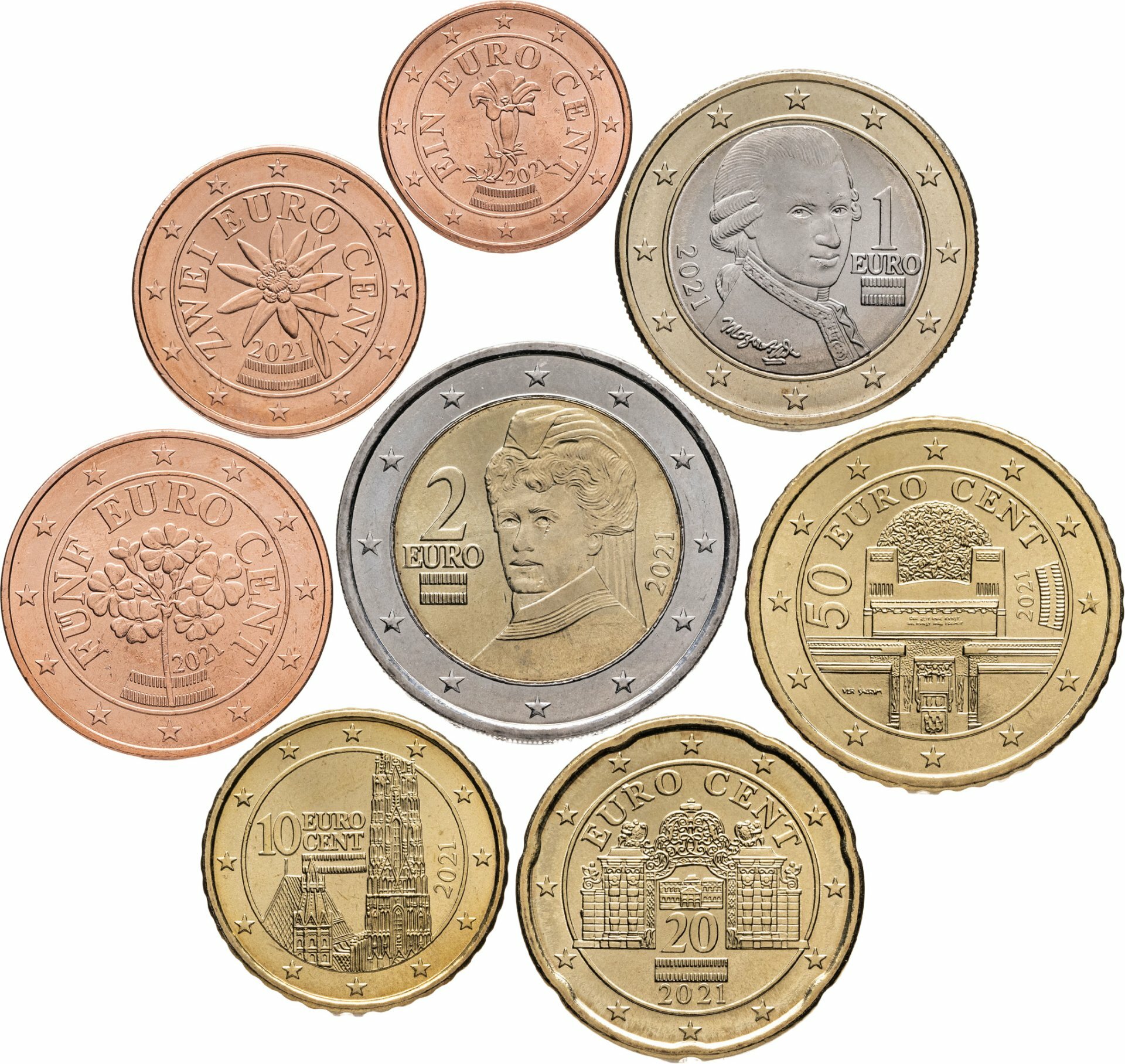 Австрия полный годовой набор из 8 монет евро 2021, Биметалл, в сохранности UNC