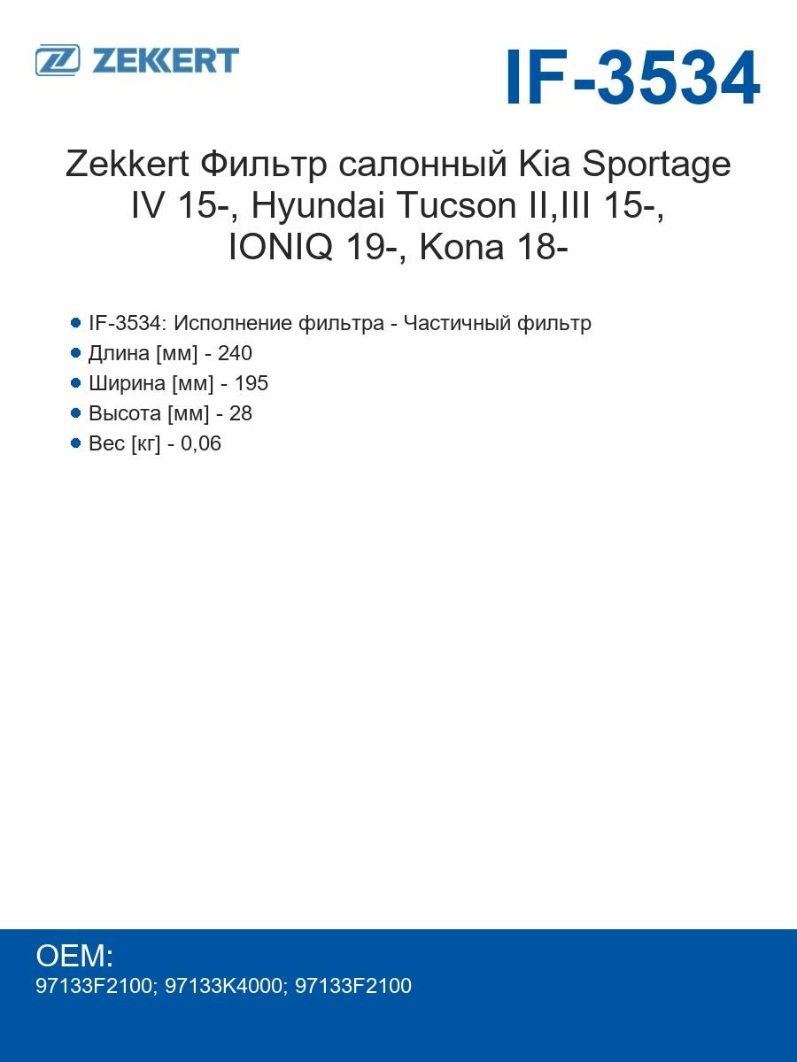 Zekkert Фильтр салонный Kia Sportage IV 15-, Hyundai Tucson II, III 15-, IONIQ 19-, Kona 18-