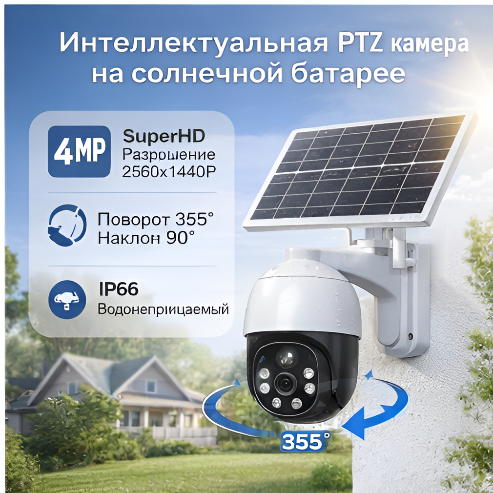 Солнечная поворотная PTZ камера видеонаблюдения с ночным видением и Wi-Fi