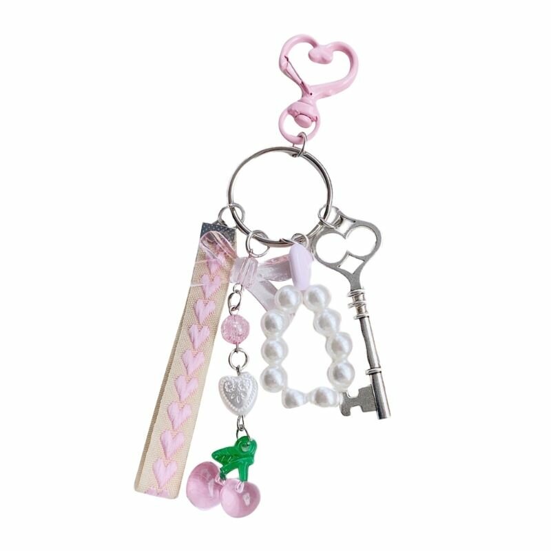 Подвеска-ключ ручной работы из жемчужного бисера-розовый бантик вишневый ключ