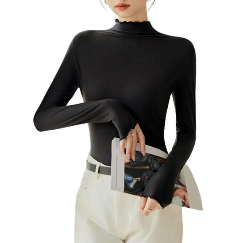 Женская удлиненная футболка с высоким воротником, Черный - L