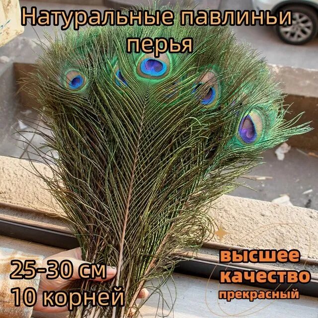 Набор из 10 окрашенных натуральных павлиньих перьев 25-30 см для декора, рукоделия, костюмов и украшений