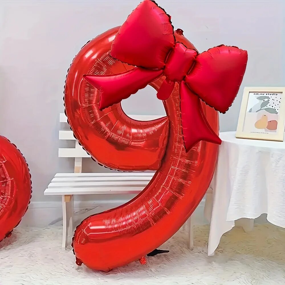 Красный фольгированный шар цифра 9 с бантом, HG9182-9