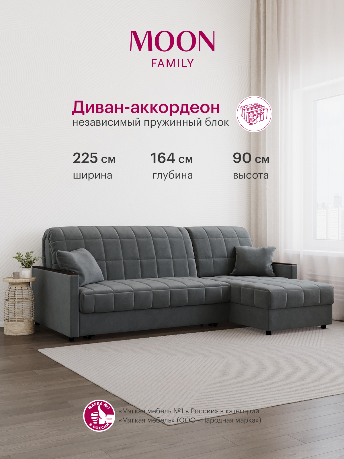 Диван кровать раскладной, угловой, аккордеон MOON FAMILY 134, темно-серый велюр, 225х164х90, спальное место 140х200, независимый пружинный блок