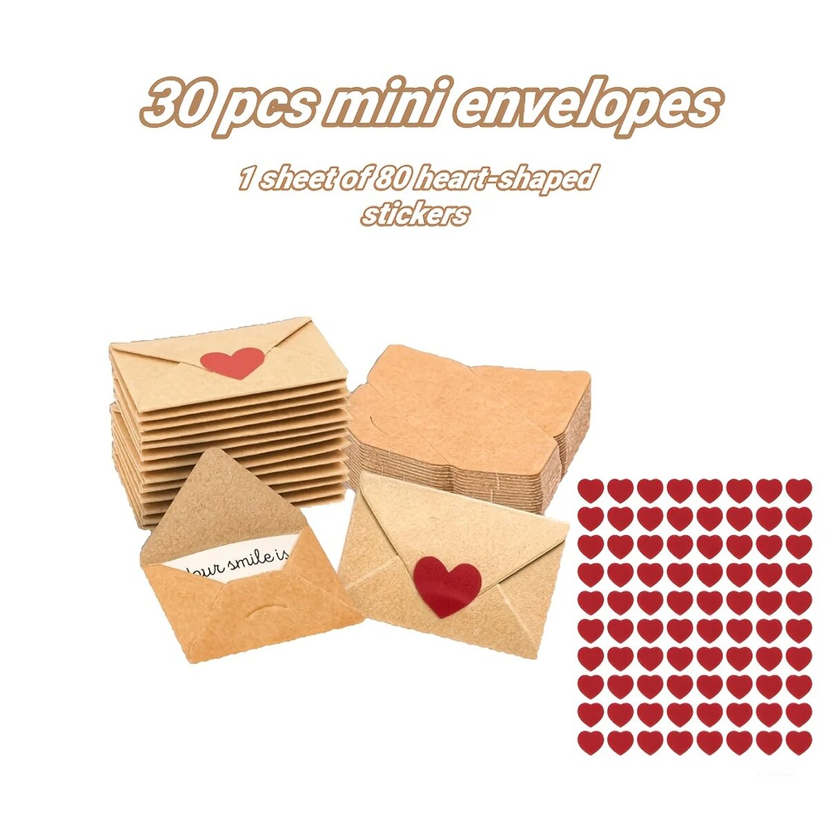 Мини-конверты с наклейками в виде сердечек 30PC Set