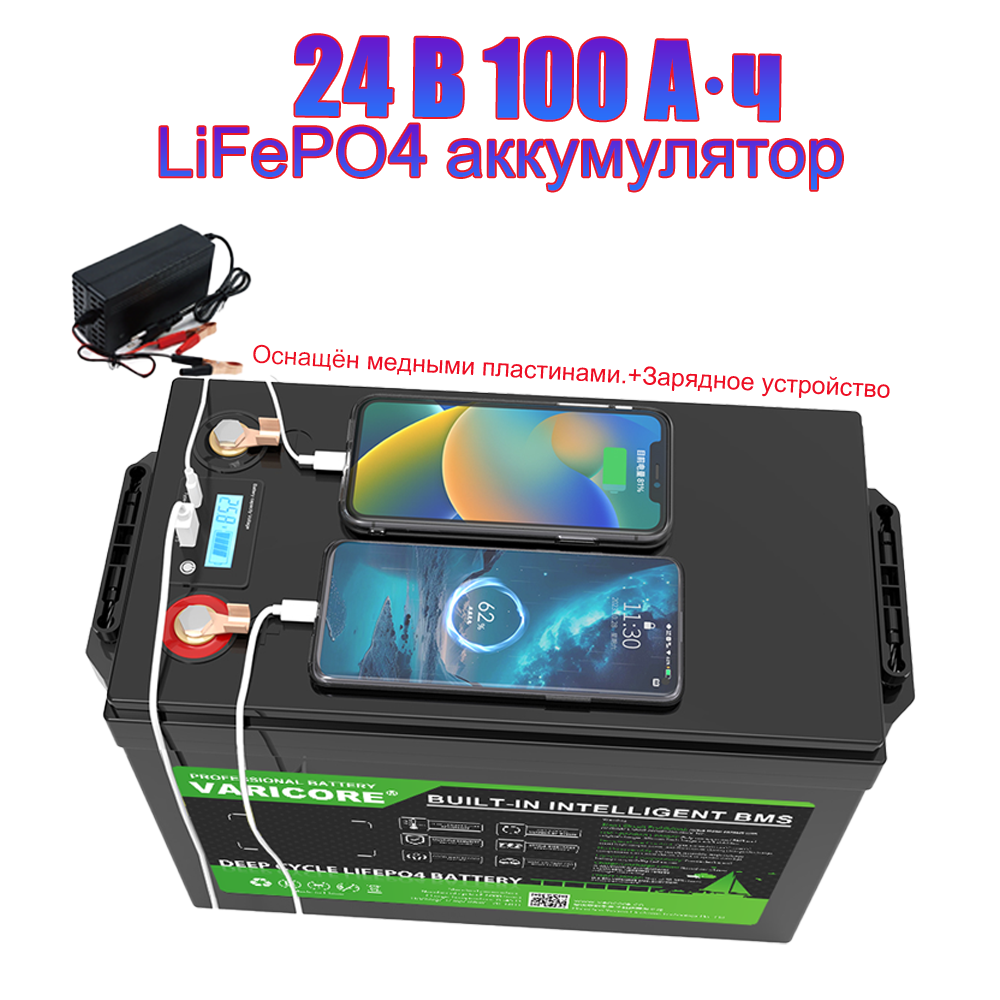 Аккумулятор VariCore LiFePO4, 24В, 100Ач, LED-индикатором, для автодомов, гольф-каров Комплектное ЗУ 29,2V