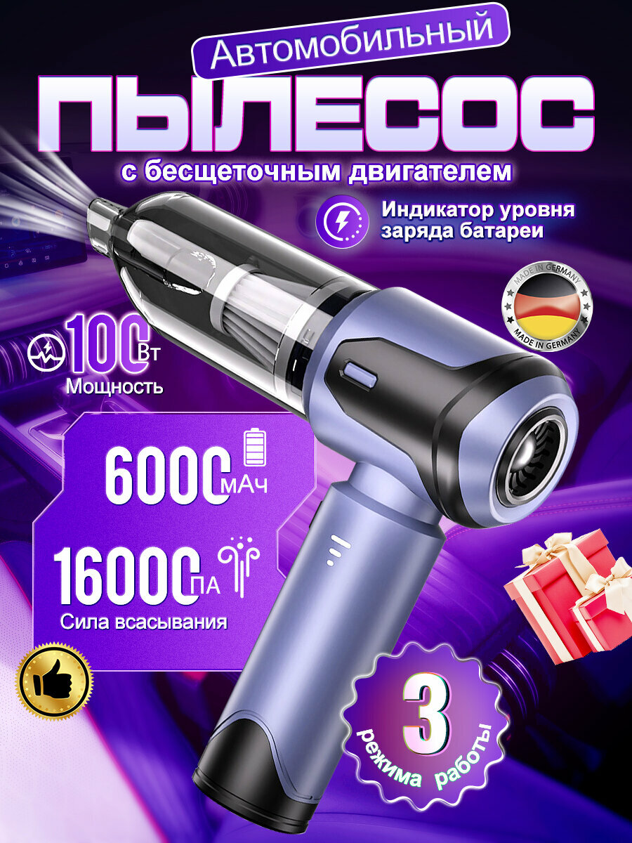 Автомобильный пылесос беспроводной мощный, воздуходувка. В кейсе