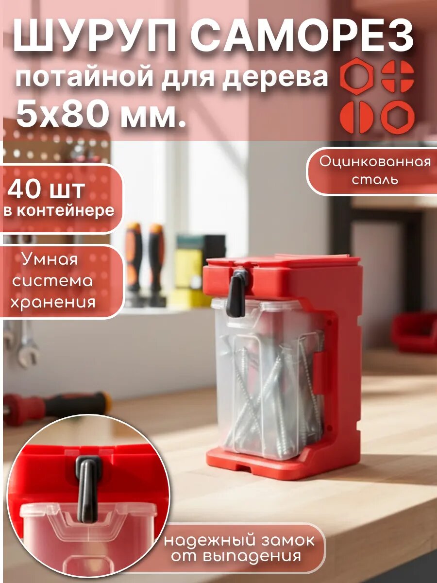 Шуруп потай по дереву 5х80 БЦ (40шт) +подвесной органайзер